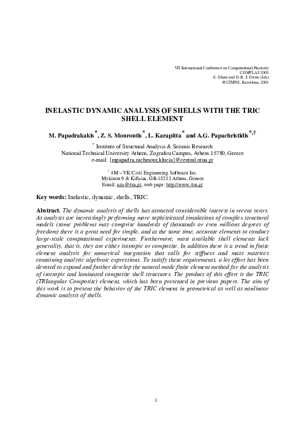 Pdf Inelastic Dynamic Analysis Of Shells With The Tric Shell Element