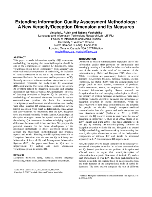 (PDF) Veracity Tools for Information Quality Assessment