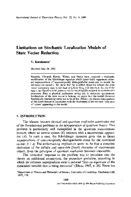 Pdf Limitations On Stochastic Localization Models Of State Vector Reduction International
