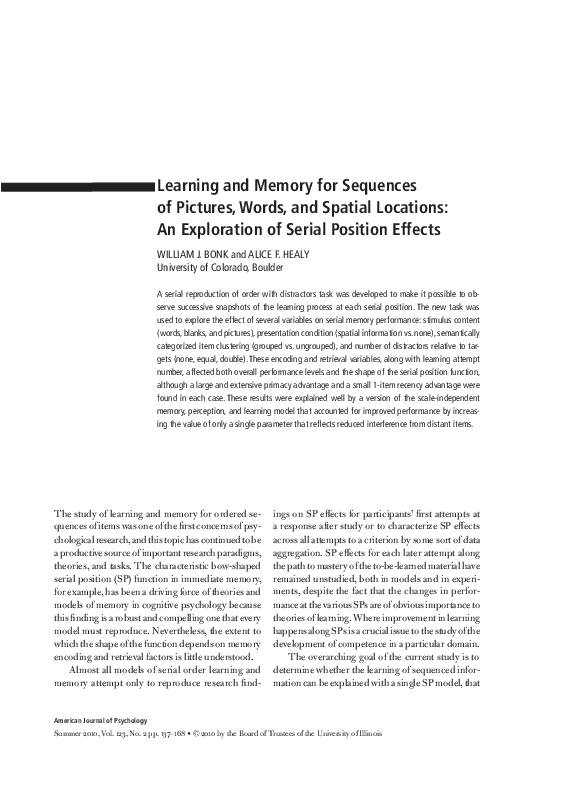 (PDF) Learning and Memory for Sequences of Pictures, Words, and Spatial Locations: An ...