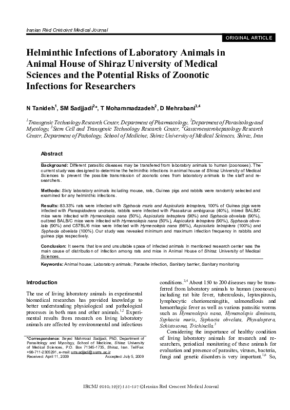 (PDF) Helminthic Infections of Laboratory Animals in Animal House of ...