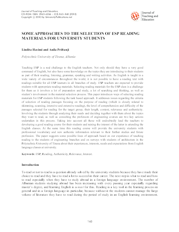 (PDF) SOME APPROACHES TO THE SELECTION OF ESP READING MATERIALS FOR ...