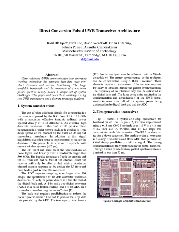 Pdf Direct Conversion Pulsed Uwb Transceiver Architecture