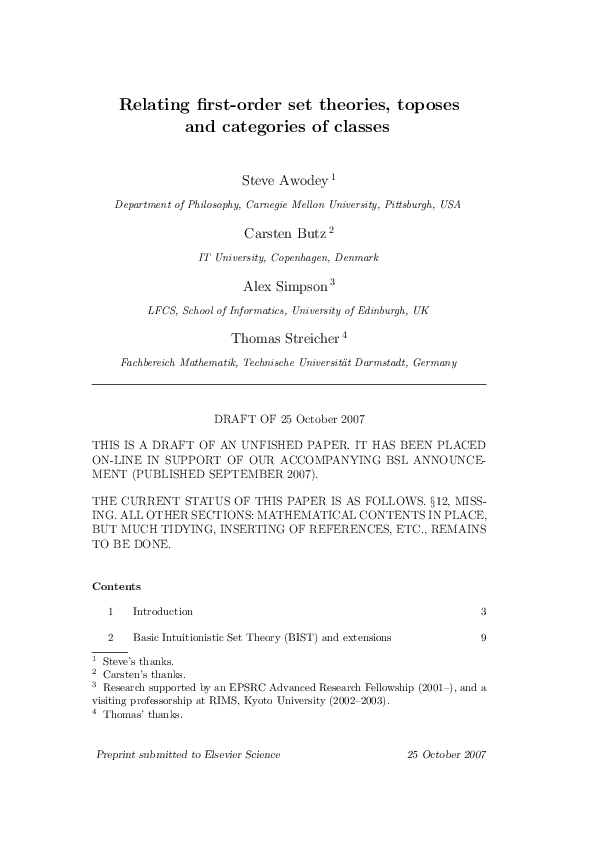 (PDF) Relating First-Order Set Theories, Toposes and Categories of Classes