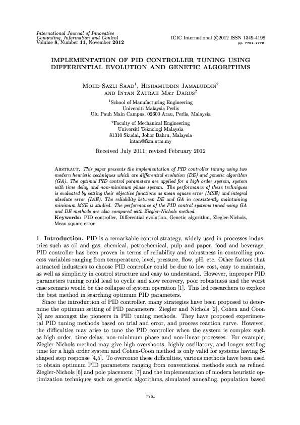 (PDF) Implementation of PID Controller Tuning Using Differential Evolution and Genetic Algorithms