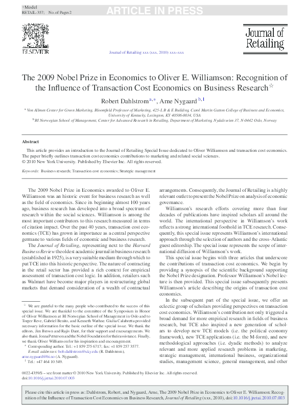 (PDF) The 2009 Nobel Prize in Economics to Oliver E. Williamson ...