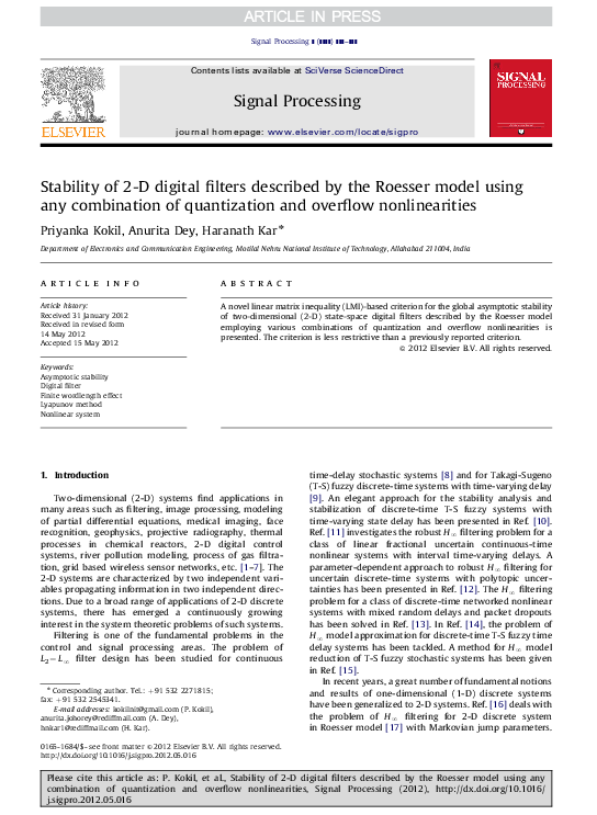 (PDF) Stability of 2-D digital filters described by the Roesser model using any combination of ...