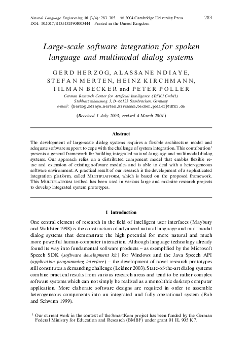 Pdf Large Scale Software Integration For Spoken Language And Multimodal Dialog Systems