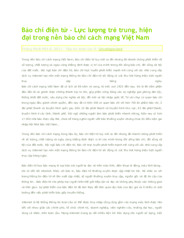 (DOC) Báo chí điện tử – Lực lượng trẻ trung, hiện đại trong nền báo chí ...