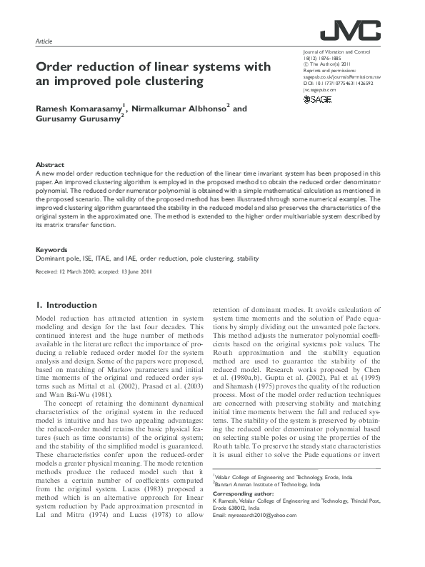 Pdf Order Reduction Of Linear Systems With An Improved Pole Clustering 9189