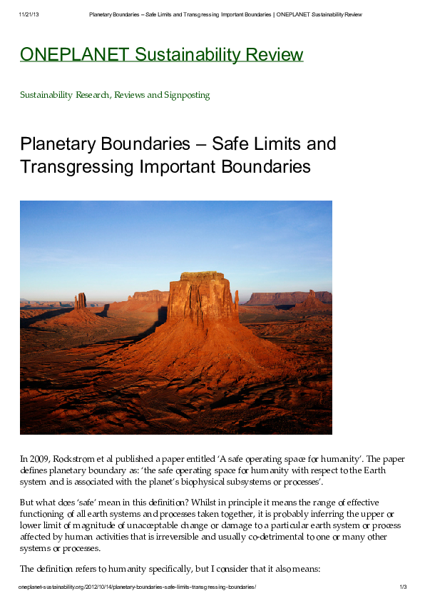 (PDF) Planetary Boundaries: Safe Limits and Transgressing Important ...