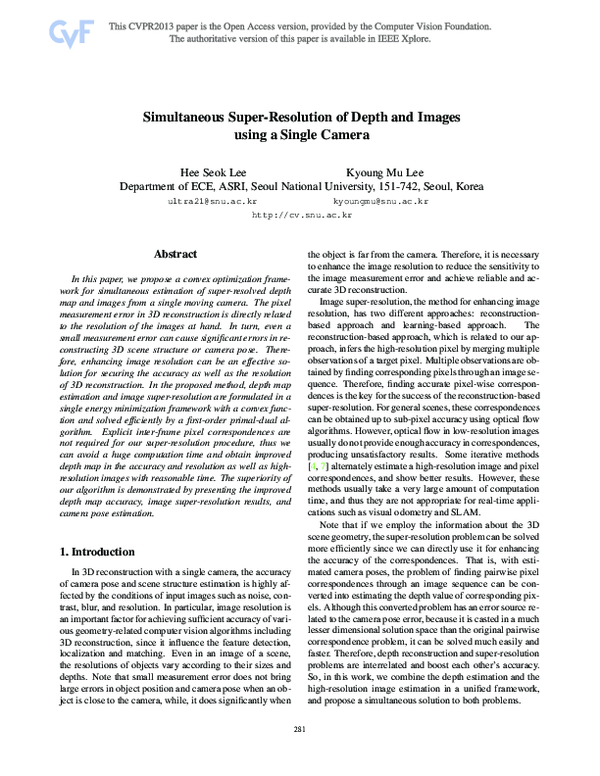 Pdf Simultaneous Super Resolution Of Depth And Images Using A Single