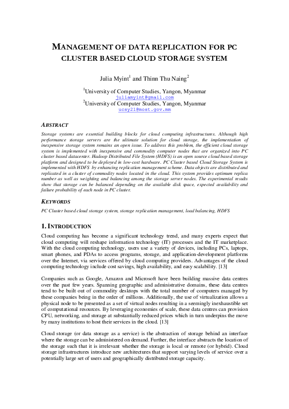 (PDF) MANAGEMENT OF DATA REPLICATION FOR PC CLUSTER BASED CLOUD STORAGE SYSTEM