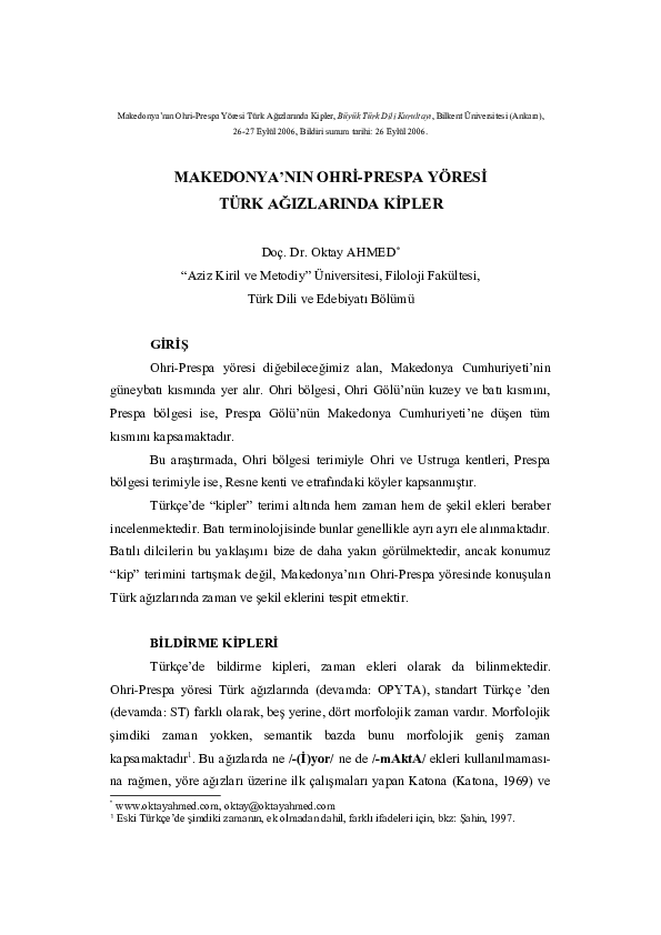 (PDF) Makedonyanın Ohri-Prespa Yöresi Türk Ağızlarında Kipler
