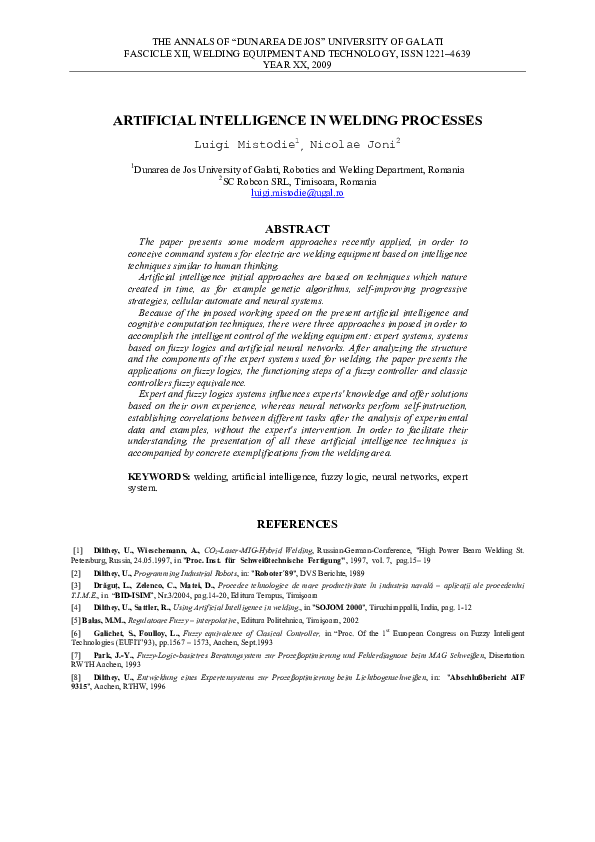 (PDF) ARTIFICIAL INTELLIGENCE IN WELDING PROCESSES