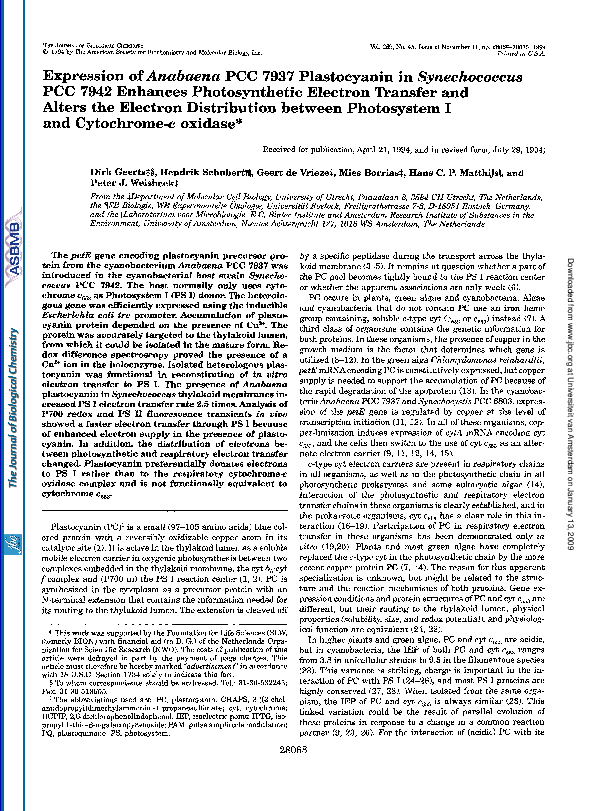 (PDF) Expression of Anabaena PCC 7937 Plastocyanin in Synechococcus PCC ...