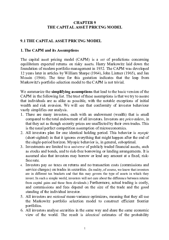 (DOC) CHAPTER 9 THE CAPITAL ASSET PRICING MODEL 9.1 THE CAPITAL ASSET ...