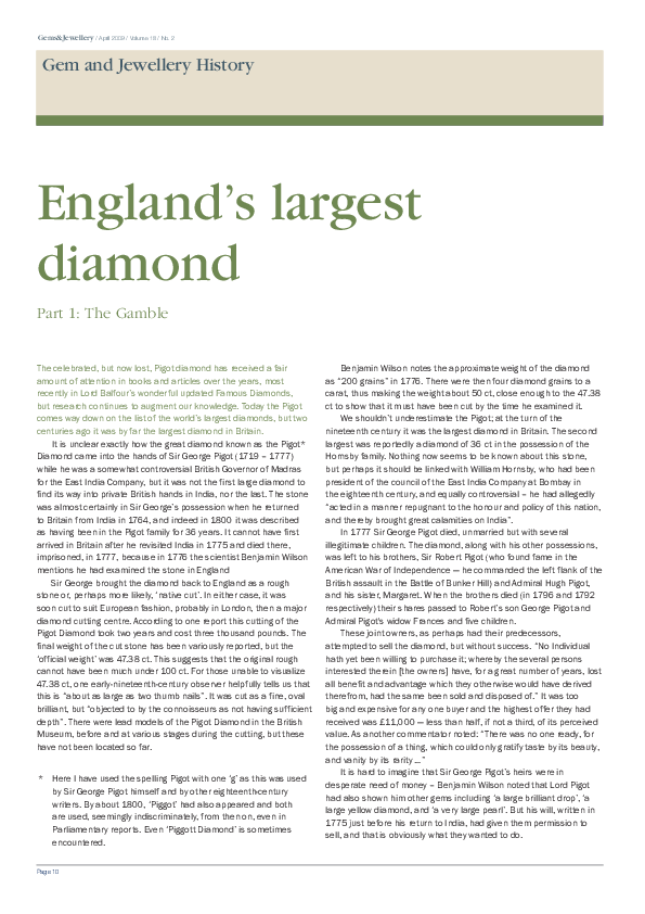 (PDF) England’s Largest Diamond (The Pigot – Part 1)
