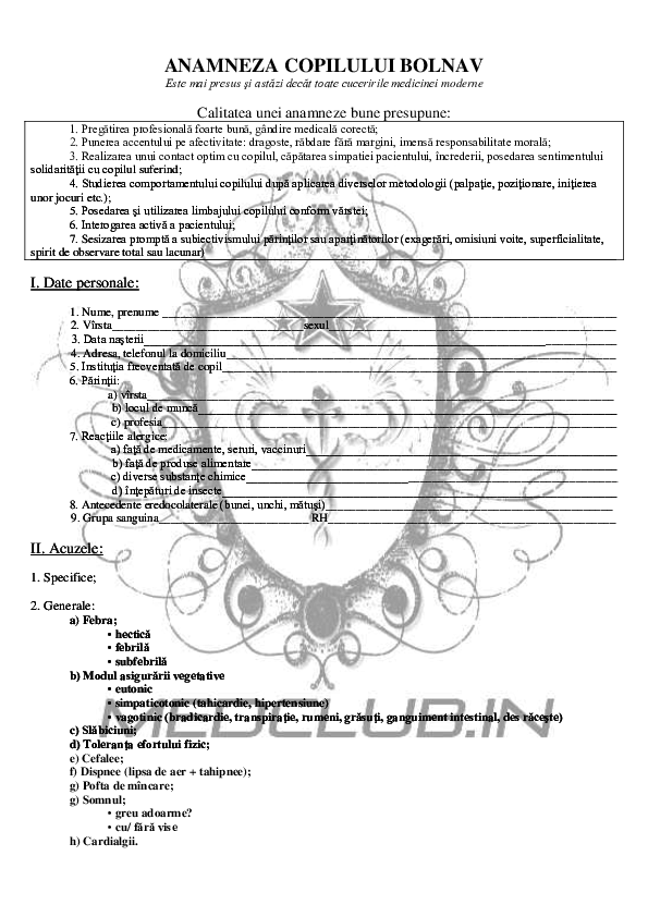 (DOC) ANAMNEZA COPILULUI BOLNAV