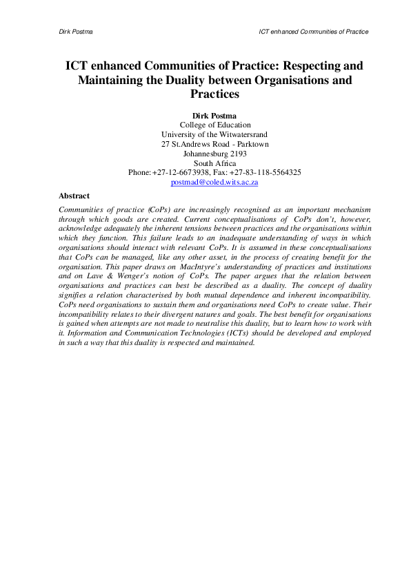 ICT enhanced communities of practice: respecting and maintaining the ...