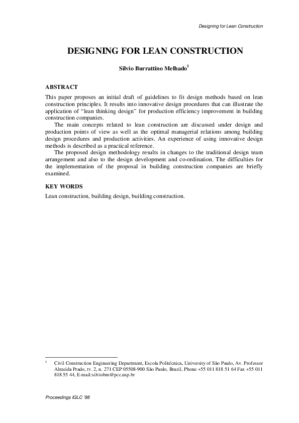 (PDF) Designing for Lean Construction DESIGNING FOR LEAN CONSTRUCTION