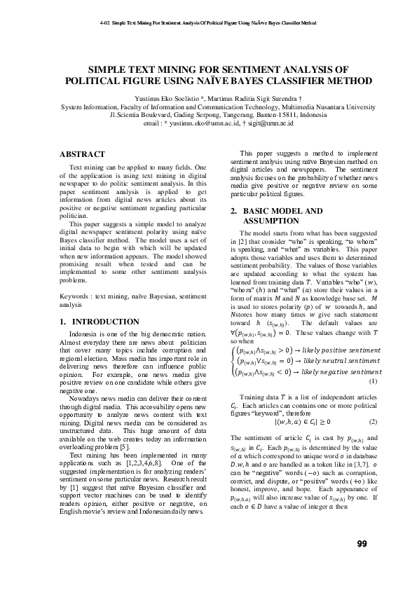Pdf Simple Text Mining For Sentiment Analysis Of Political Figure Using Naïve Bayes Classifier