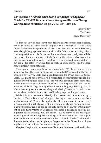(PDF) Conversation Analysis and Second Language Pedagogy: A Guide for ESL/EFL Teachers