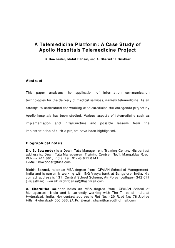 (PDF) A telemedicine platform: a case study of Apollo hospitals telemedicine project