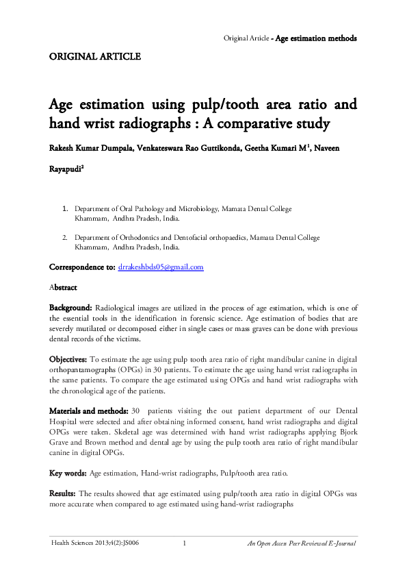 (PDF) Age estimation using pulp/tooth area ratio and hand wrist radiographs : A comparative study