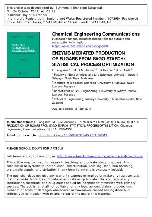 (PDF) Chemical Engineering Communications ENZYME-MEDIATED PRODUCTION OF SUGARS FROM SAGO STARCH ...