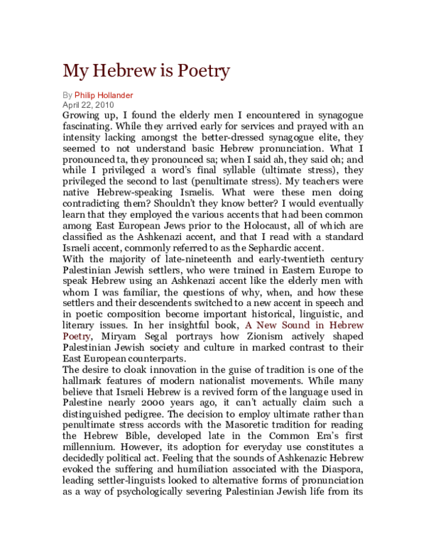 (PDF) A New Sound in Hebrew Poetry: Poetics, Politics, Accent by Miryam ...