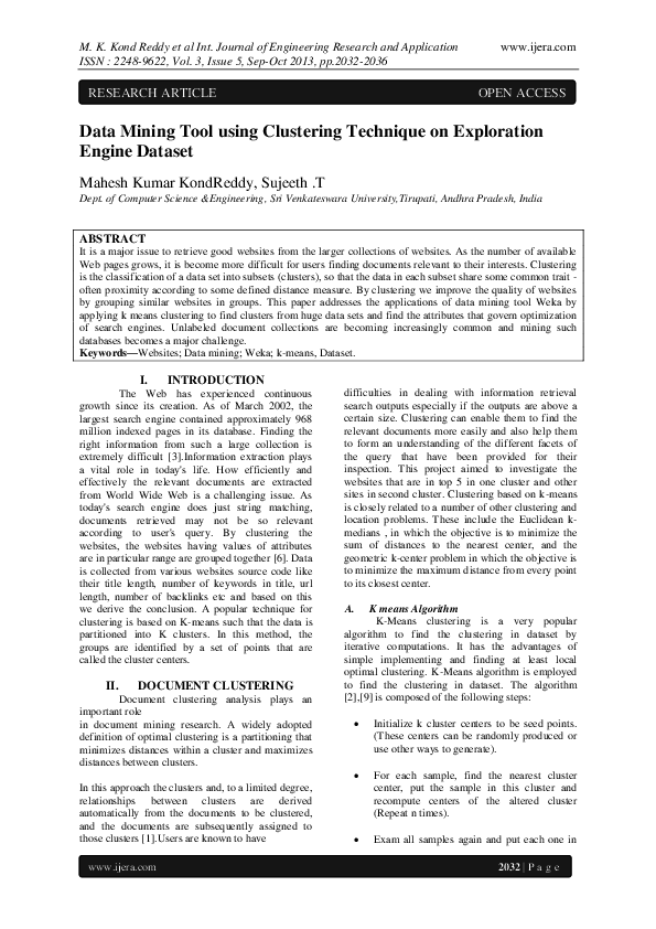 (PDF) Data Mining Tool using Clustering Technique on Exploration Engine Dataset