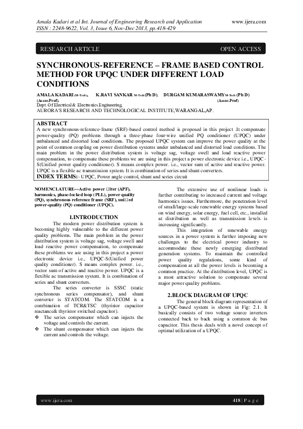 (PDF) SYNCHRONOUS-REFERENCE – FRAME BASED CONTROL METHOD FOR UPQC UNDER DIFFERENT LOAD CONDITIONS