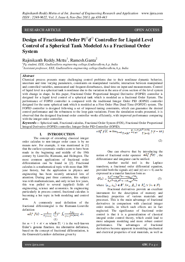 Pdf Design Of Fractional Order Pi λ D λ Controller For Liquid Level Control Of A Spherical 