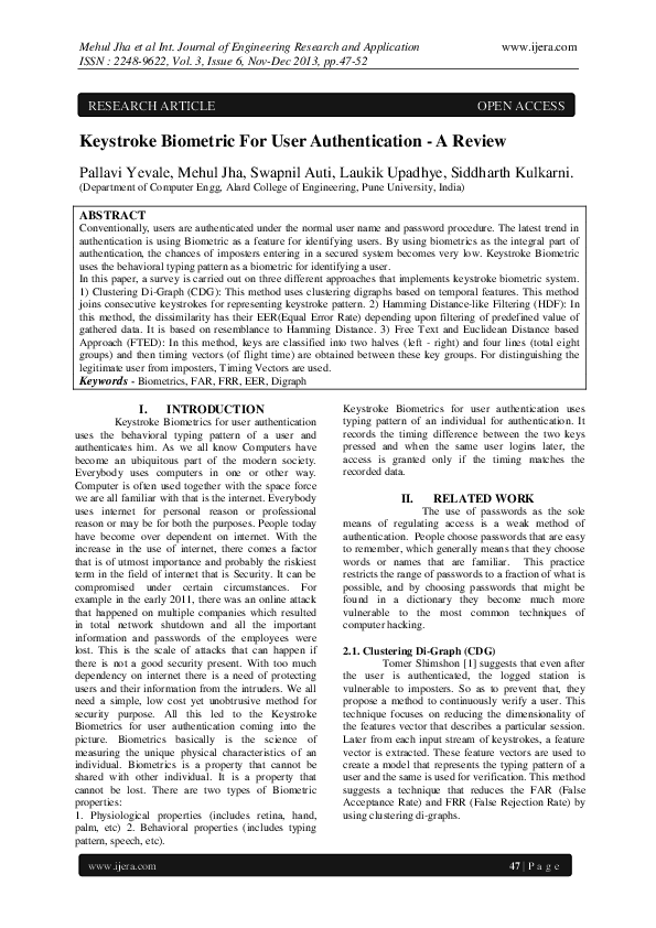 (PDF) Keystroke Biometric For User Authentication -A Review