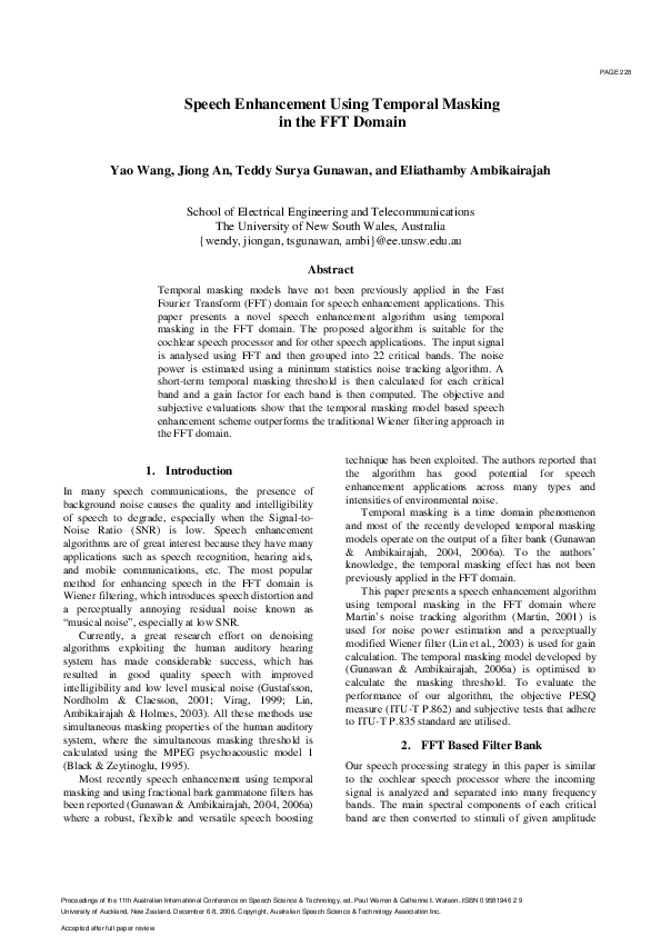 Pdf Speech Enhancement Using Temporal Masking In The Fft Domain