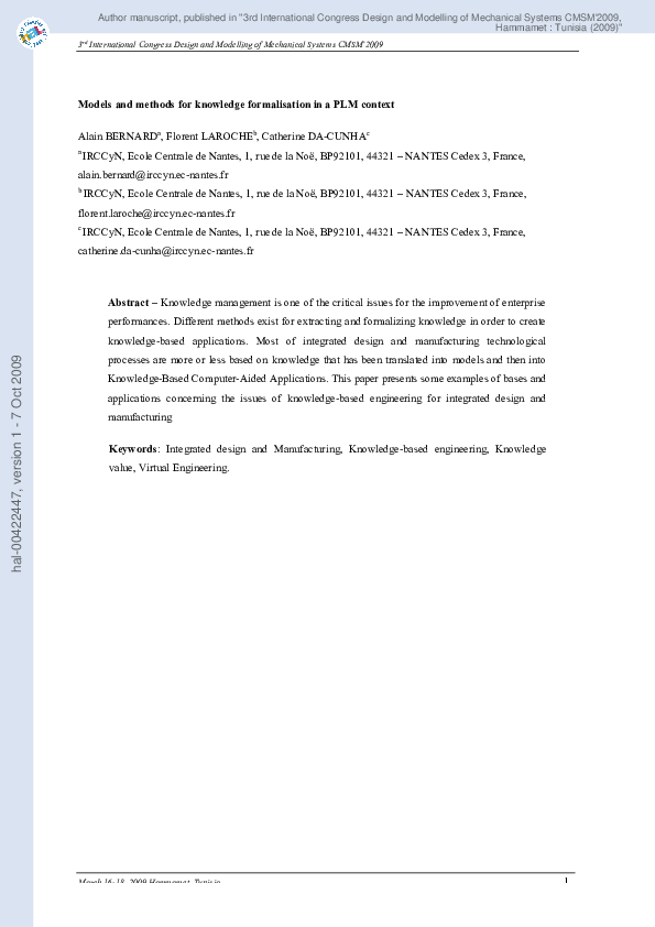 (PDF) Models and methods for knowledge formalisation in a PLM context