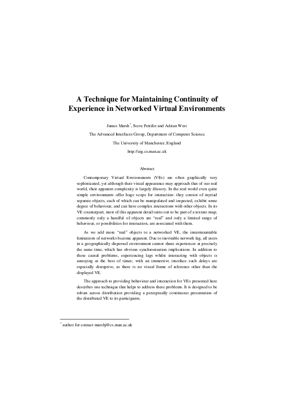 (PDF) A Technique for Maintaining Continuity of Experience in Networked Virtual Environments