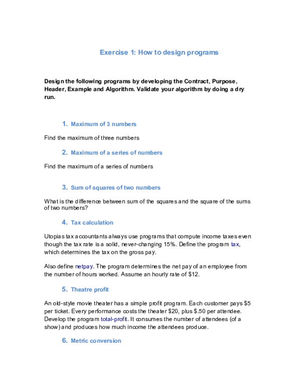(PDF) Exercise 1: How to design programs