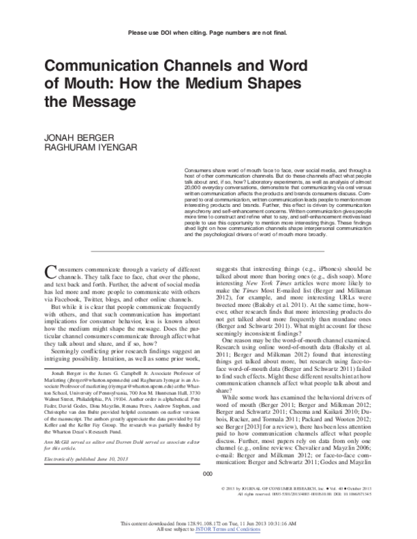 (PDF) Communication Channels and Word of Mouth: How the Medium Shapes ...