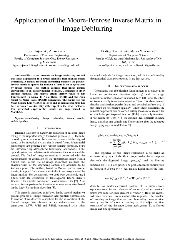 (PDF) Application of the Moore-Penrose Inverse Matrix in Image Deblurring