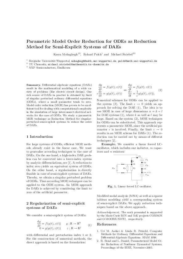 Pdf Parametric Model Order Reduction For Odes As Reduction Method For Semi Explicit Systems Of