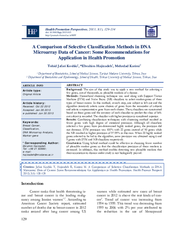 Pdf A Comparison Of Selective Classification Methods In Dna Microarray Data Of Cancer Some