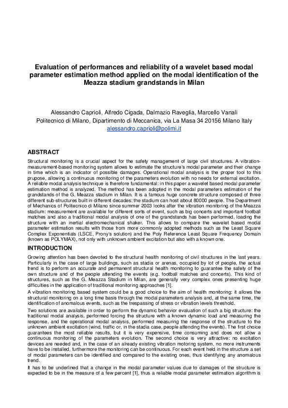 Evaluation Of Performances And Reliability Of A Wavelet Based Modal Parameter Estimation Method