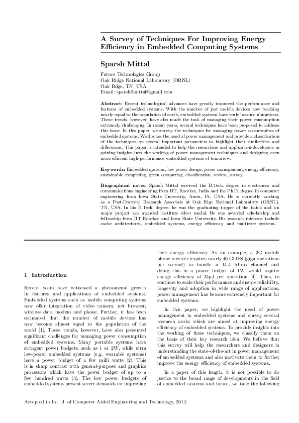 Pdf A Survey Of Techniques For Improving Energy Efficiency In Embedded Computing Systems