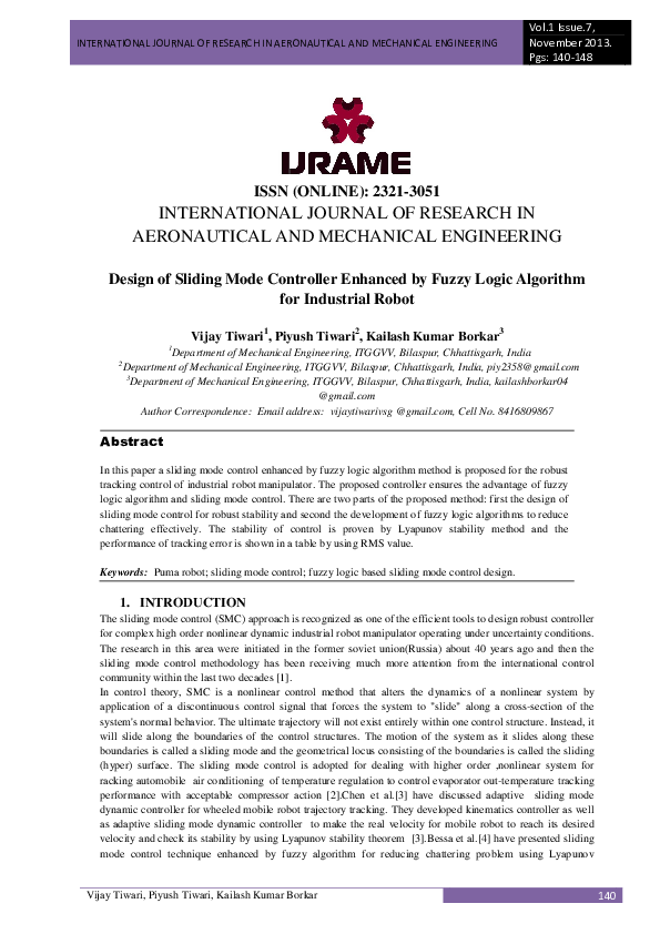 Pdf Design Of Sliding Mode Controller Enhanced By Fuzzy Logic Algorithm For Industrial Robot