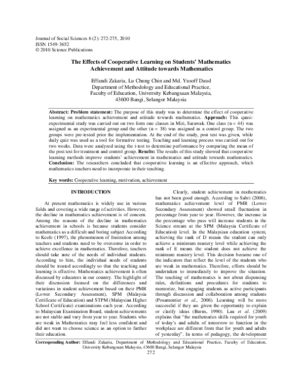 (PDF) The Effects of Cooperative Learning on Students' Mathematics Achievement and Attitude ...