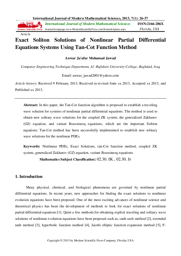 (PDF) Exact Soliton Solutions of Nonlinear Partial Differential Equations Systems Using Tan-Cot ...