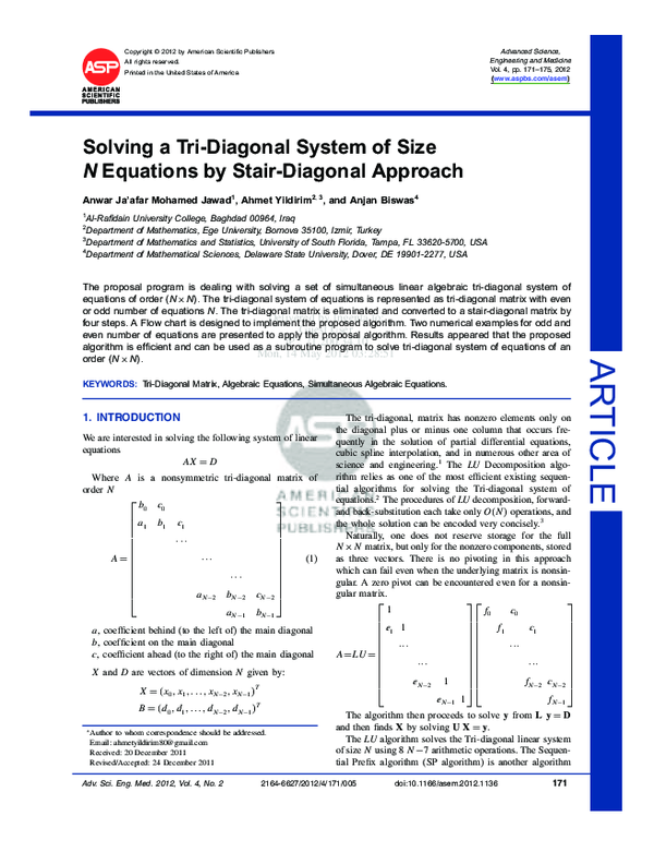 (PDF) Solving a Tri-Diagonal System of Size N Equations by Stair-Diagonal Approach