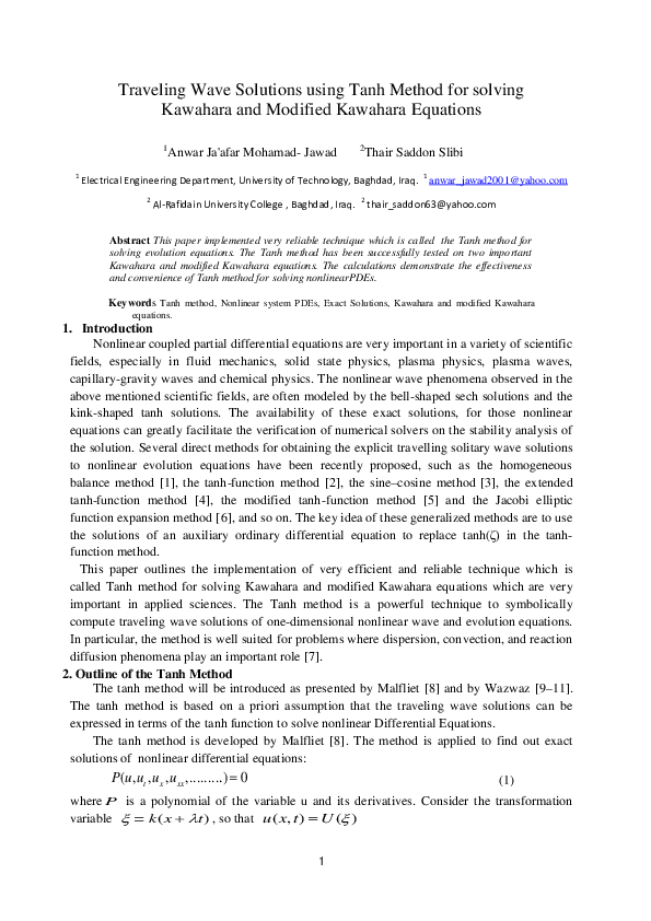 (PDF) Traveling Wave Solutions using Tanh Method for solving Kawahara and Modified Kawahara ...